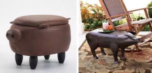 Mini Pig Bench and Chair with Leather Cushions for Eco Style Decorating