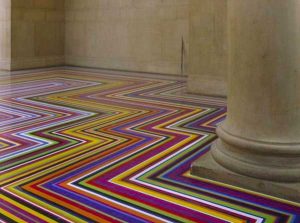 Modern Floor Decoration with Tape Strips Creating Cool Rainbow Design