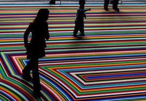Modern Floor Decoration with Tape Strips Creating Cool Rainbow Design
