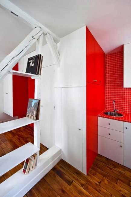 White Apartment Ideas and Red Accent Wall, Decorating Small Apartments